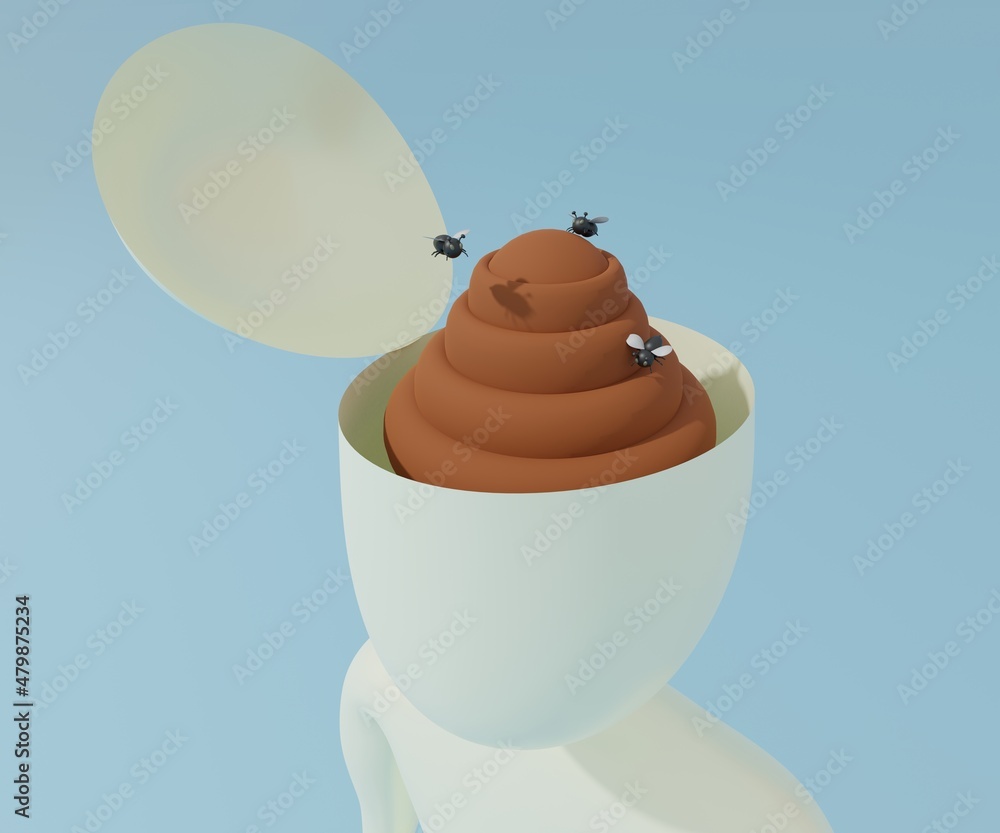 3D Render a person with their head open with poop and flies inside ...
