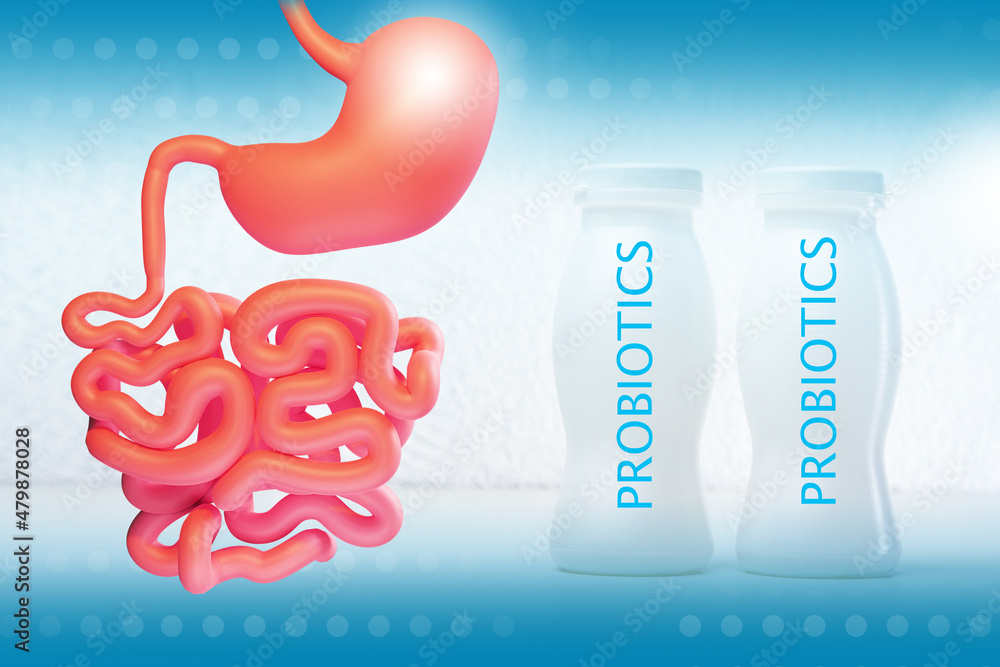 Probiotic bacteria. Gastrointestinal tract on blue. White bottles with ...