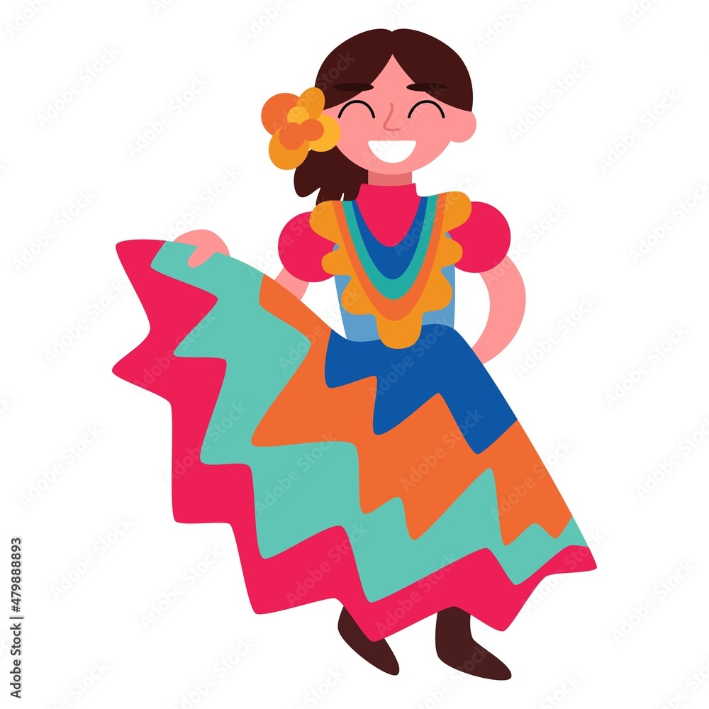 Happy young Hispanic dancer-girl in long colorful dress vector ...