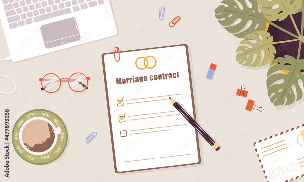 Marriage contract. Prenuptial agreement document. Couple divorce ...