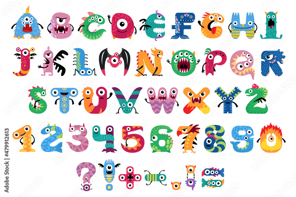 Kids English monster alphabet with funny cartoon characters Stock ...