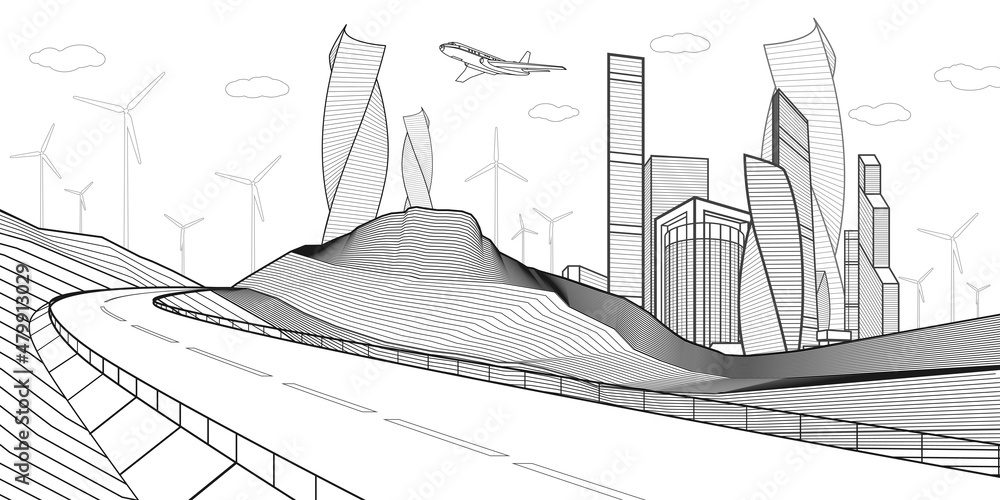 Black and white Infrastructure illustration. Highway in mountains ...