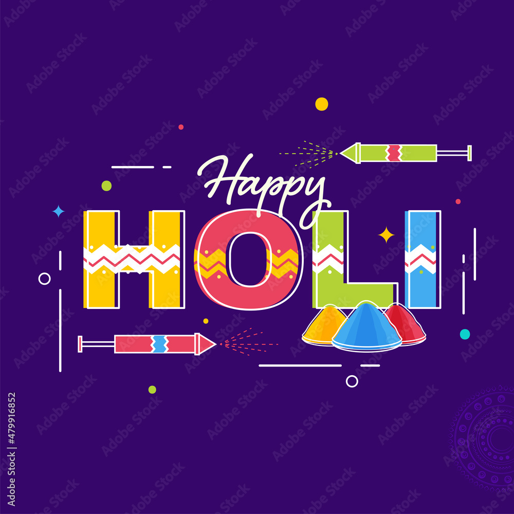 Colorful Happy Holi Font With Plates Full Of Powder Color (Gulal) And ...