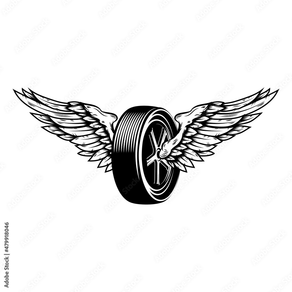 Winged wheel in monochrome style. Design element for logo, label, sign ...