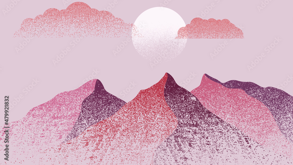 Mountain silhouettes with sun. Peaks in sunset. Brush strokes. Fog over ...