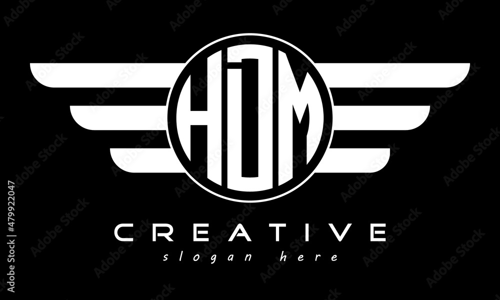 HDM three letter monogram type circle letter logo with wings vector ...