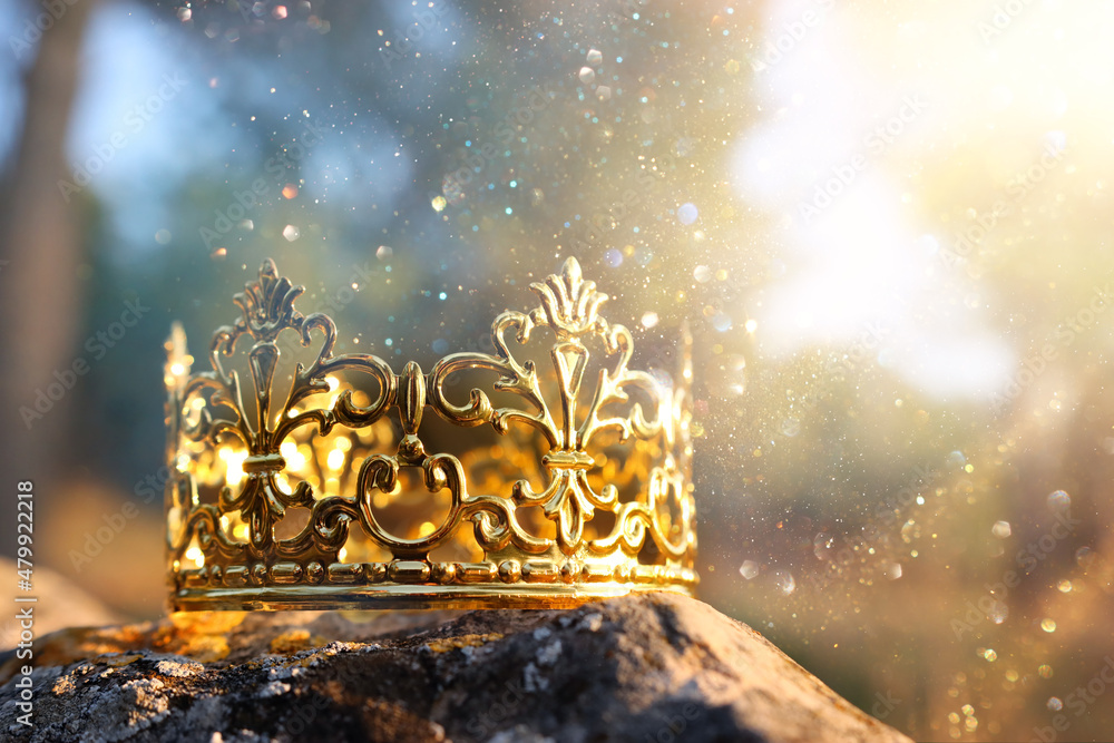 mysterious and magical photo of gold king crown in the woods over stone ...