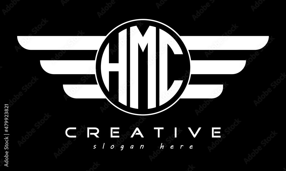 HMC three letter monogram type circle letter logo with wings vector ...