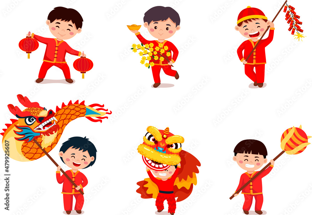 Happy Chinese lunar new year, Cute Asian Chinese Children Cartoon Set ...