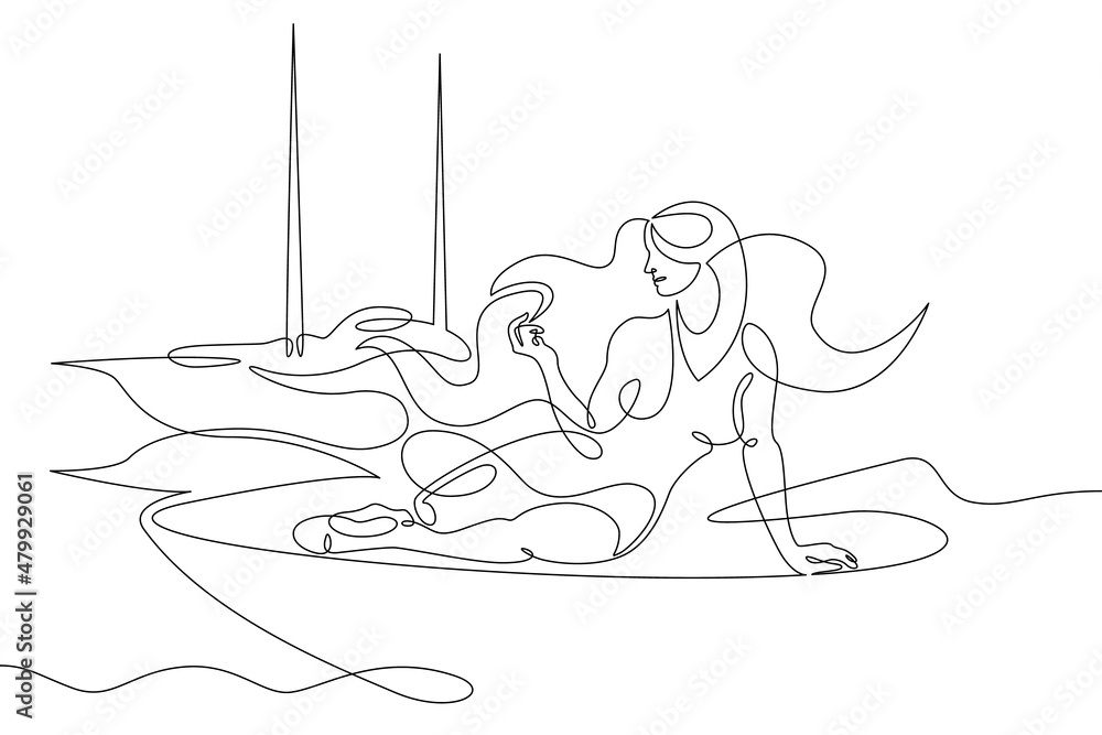 One continuous line.Woman on the pier. Yachts in the bay. Sea resort ...