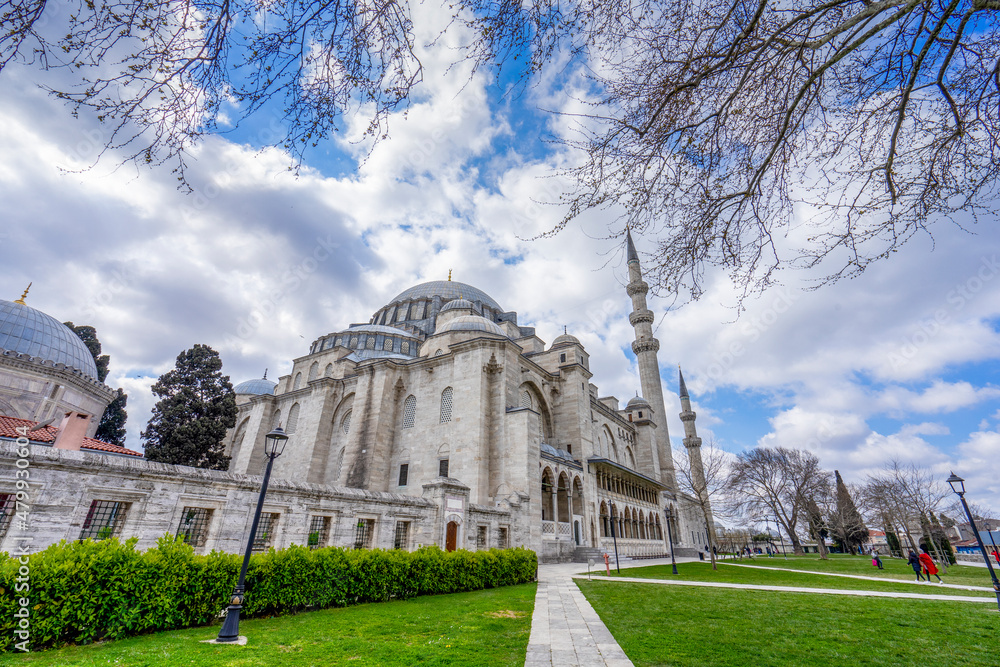 Side view of Suleymaniye Mosque in Istanbul. Suleymaniye mosque is a ...