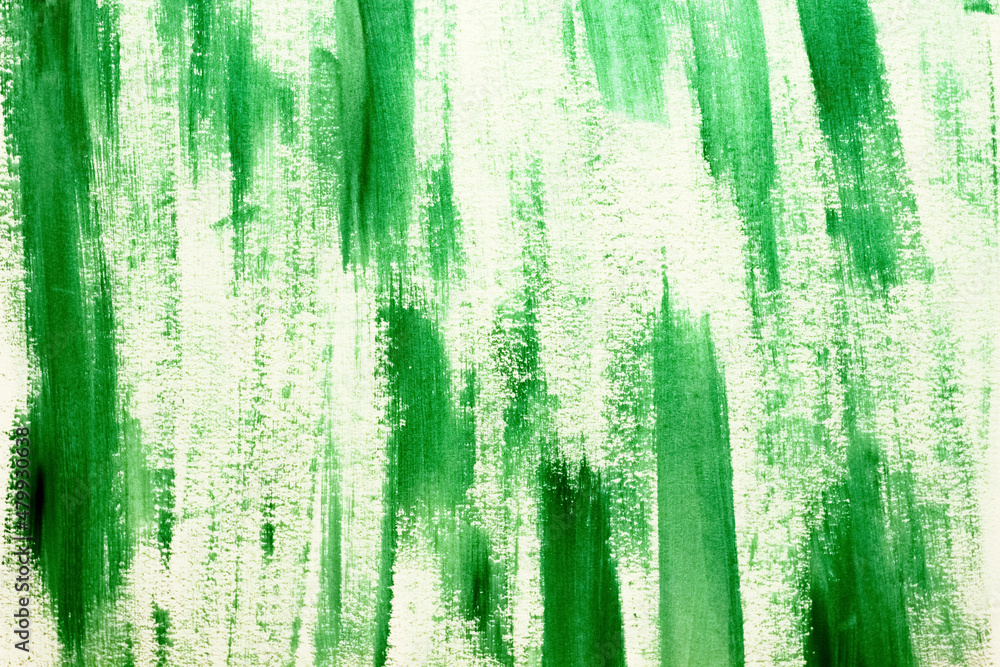 Hand drawn gouache painting. Vertical green lines on white paper ...