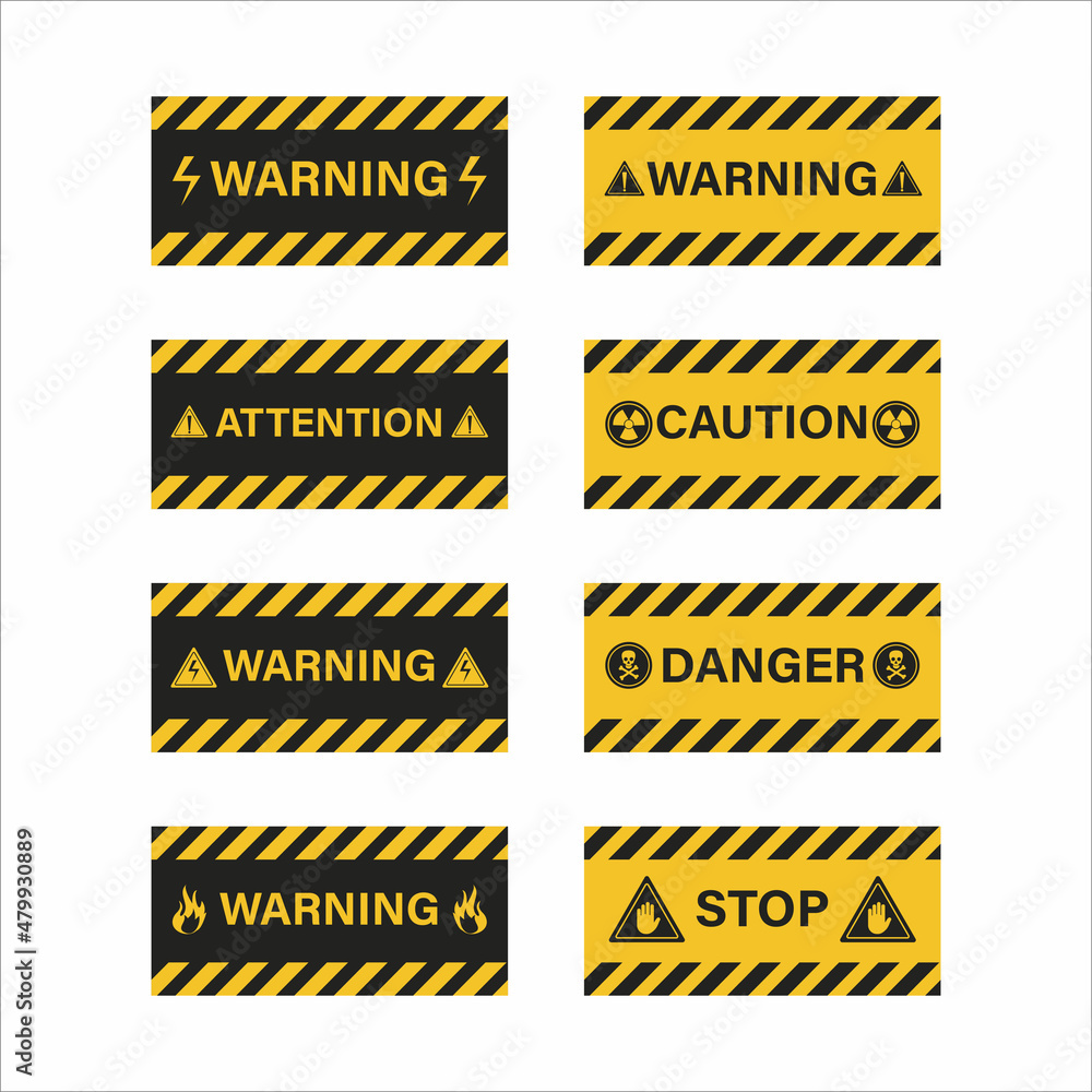 Caution sign set with black and yellow warning ribbon. Attention sign ...