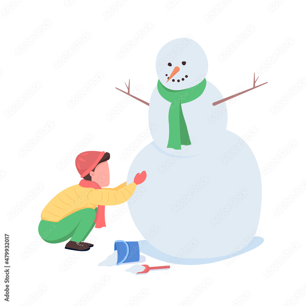 Child building snowman semi flat color vector character. Moving figure ...
