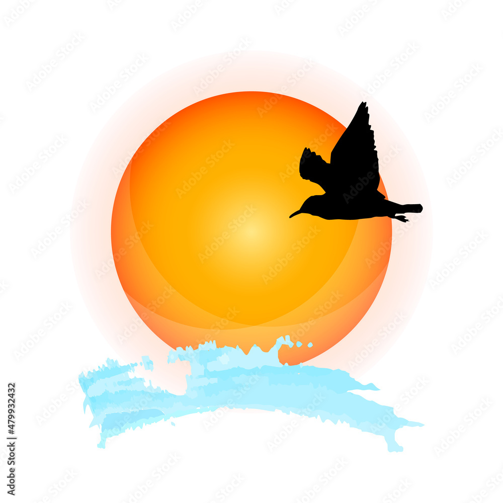 Seagull, sun and sea isolated on white background. Ocean logo design ...