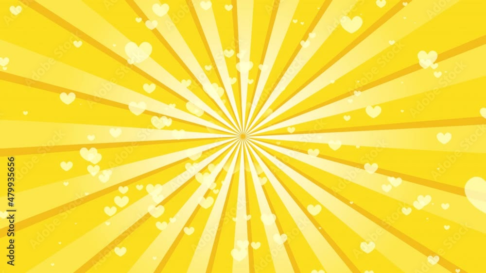 Spinning radiate yellow lines with floating hearts appear from the ...