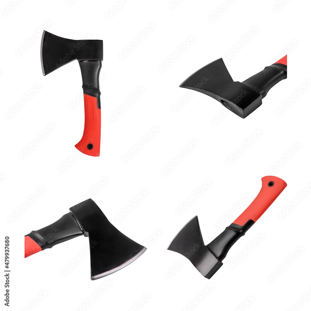 Black axe with red fibreglass handle isolated on white background, copy ...