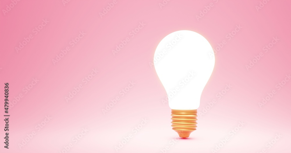 Golden light bulb on the pink background 3d render. Creativity idea ...
