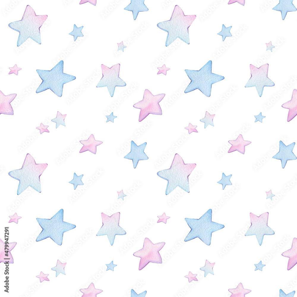 Watercolor stars seamless pattern. Hand drawn pink and blue stars ...