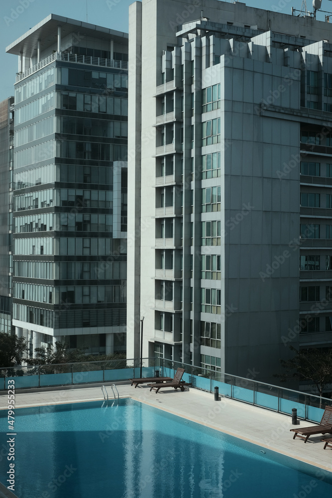 Life in an Asian city in the residential building. View from the window ...