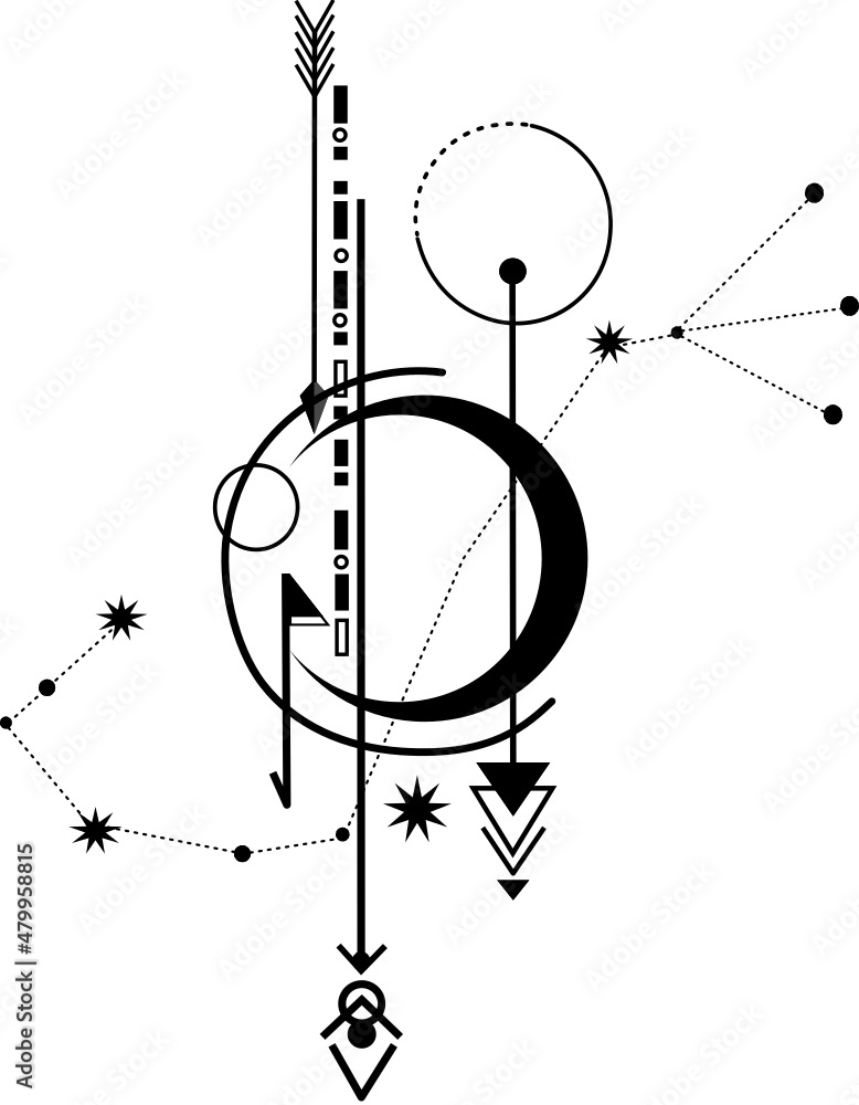 Vector set of Sacred symbols arrows, moon and eye on black grunge ...