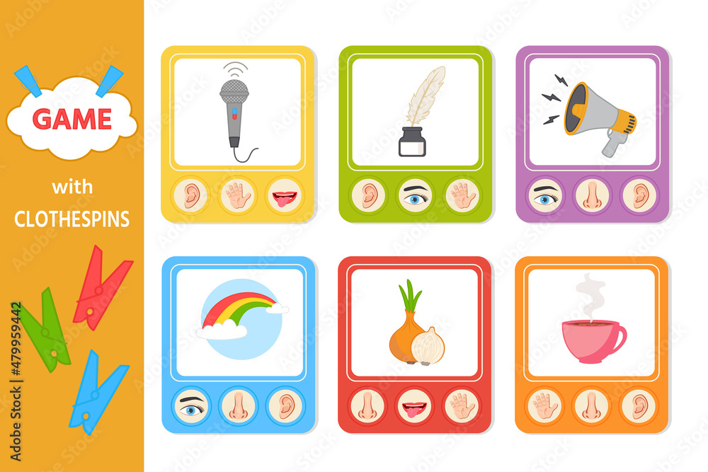 Educational game for children with clothespins. Five senses matching ...