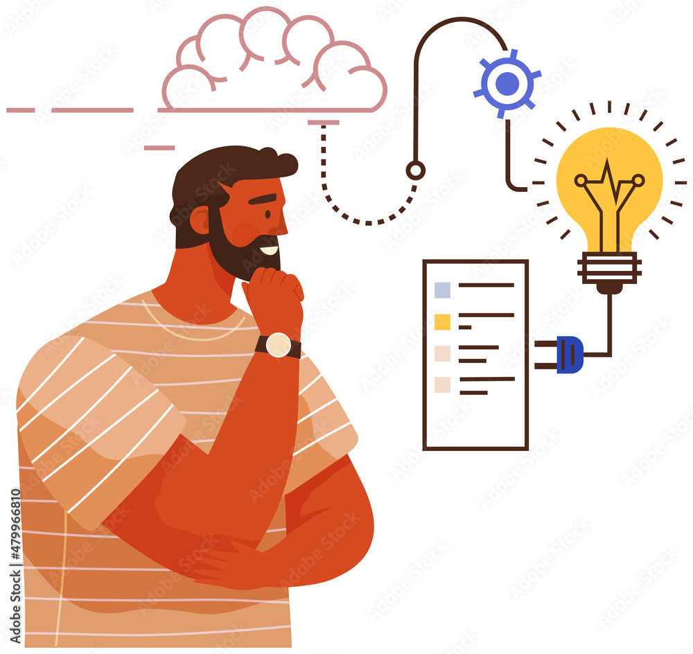 Man thinking about technical equipment, wires, light bulb. Different ...