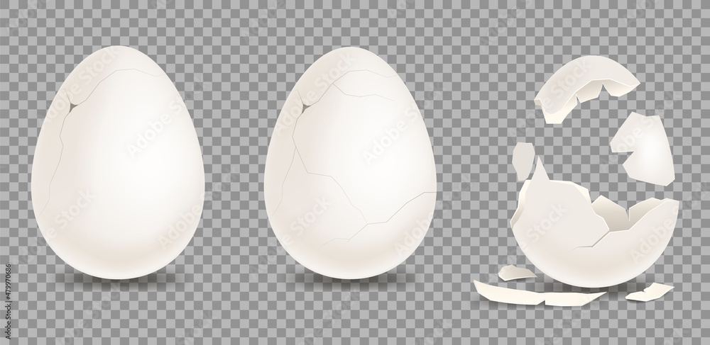 Cracked egg. Cartoon 3d realistic chicken broken eggs with cracks and ...