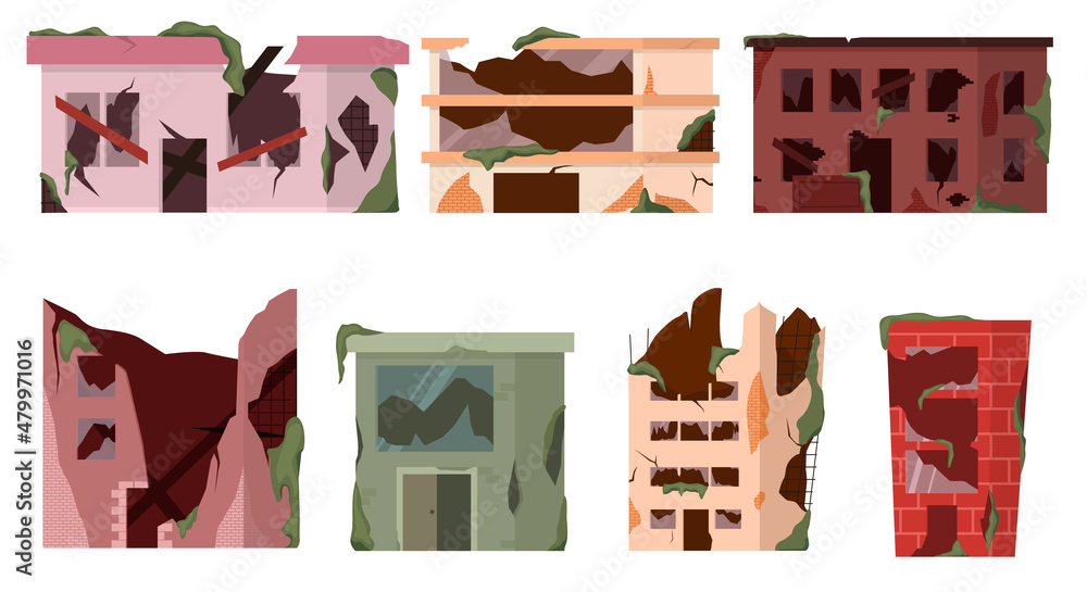 Cartoon city with ruined buildings after earthquake, disaster or war ...