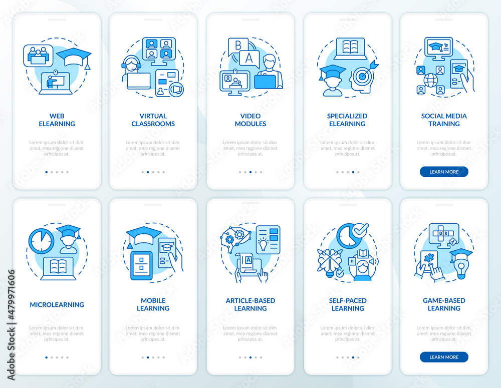 Electronic learning blue onboarding mobile app screen set. Walkthrough ...