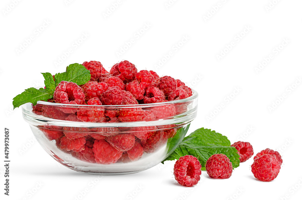 Raspberries in a transparent bowl isolated on white background with ...