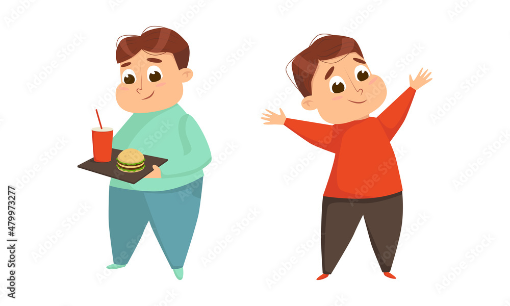 Little Boy with Overweight and Body Fat Holding Tray with Fast Food ...
