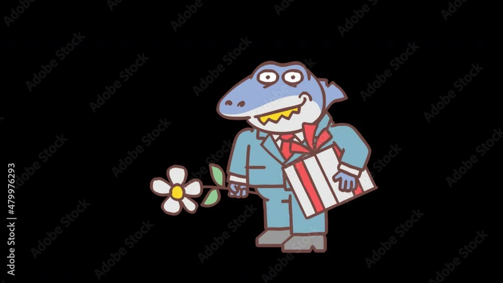 Boss shark enamored holds flower and gift. Frame by frame animation ...