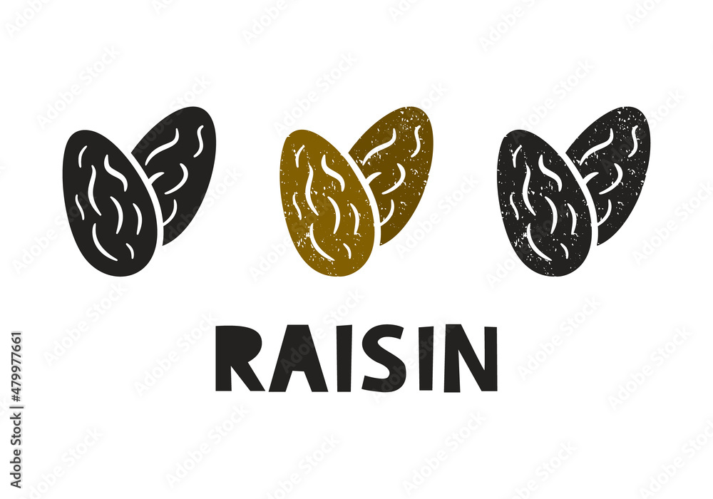 Raisin, silhouette icons set with lettering. Imitation of stamp, print ...