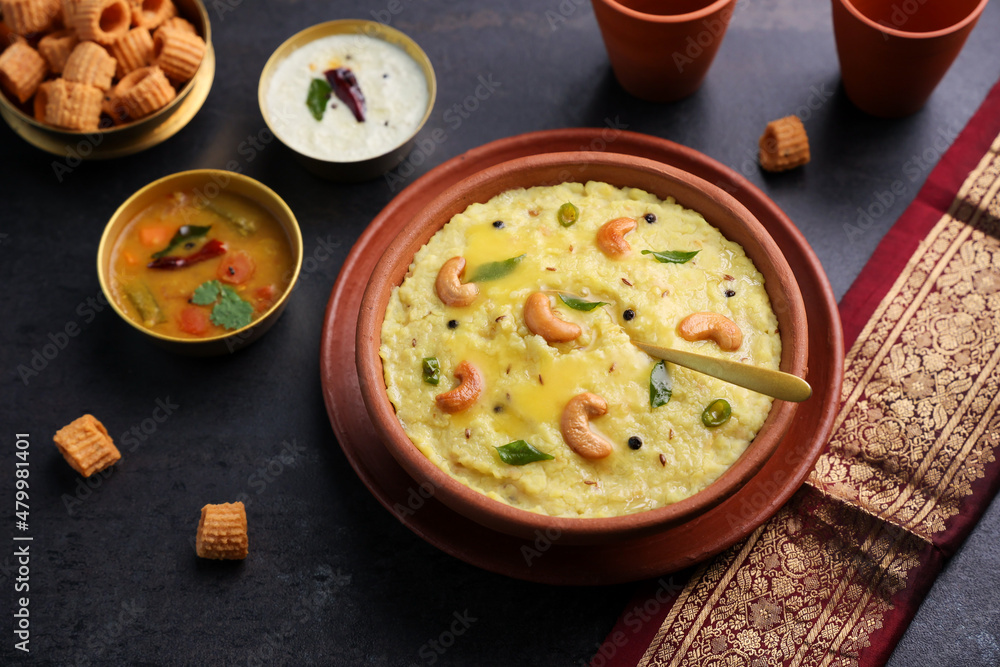 Ven Pongal Khara Pongal with Sambar coconut Chutney popular Indian ...