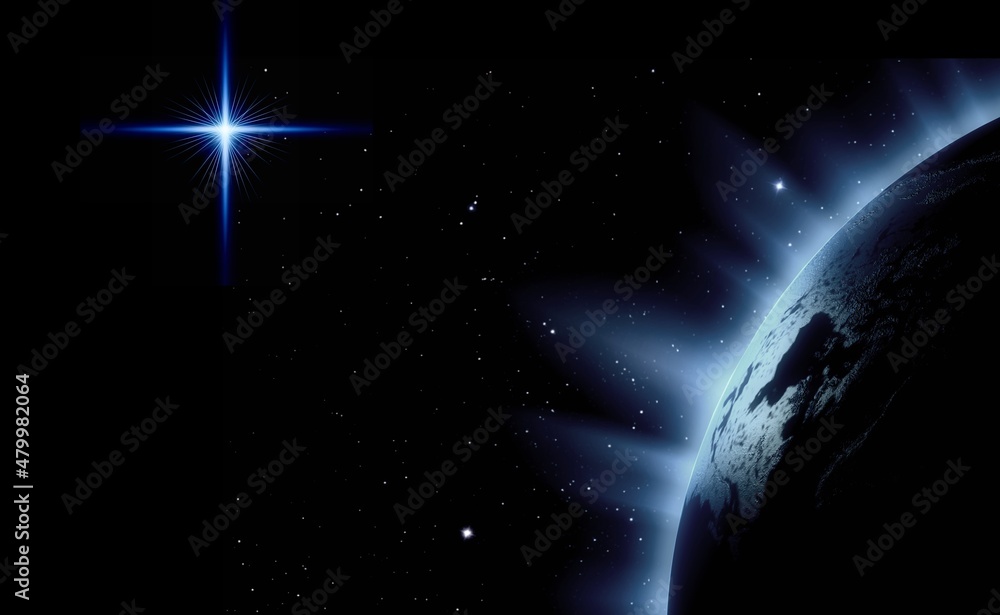 Star of jesus. Planet Earth on black background with bright star ...