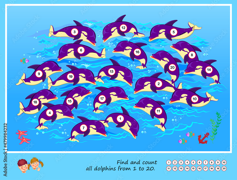 Vetor de Find and count all dolphins from 1 to 20. Educational page for ...