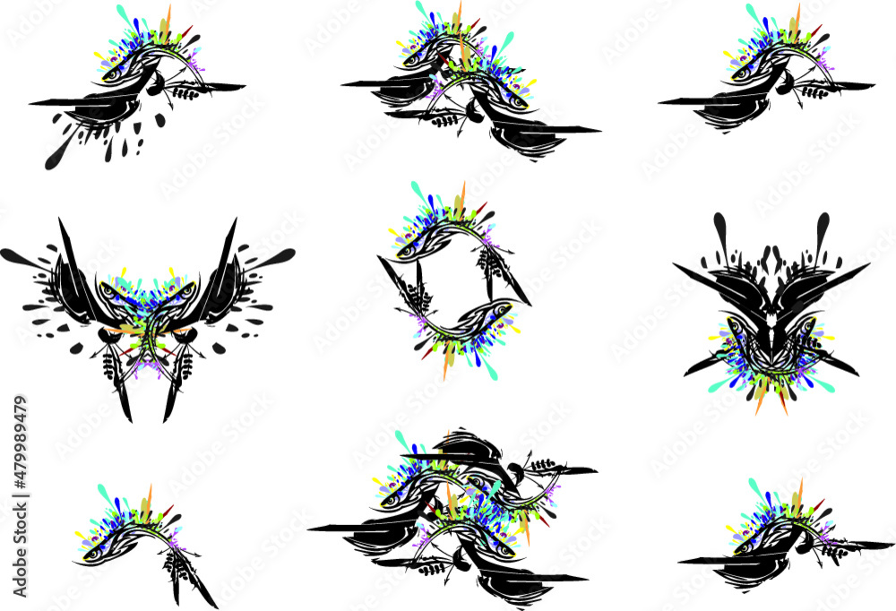 Twirled fish symbols splashes on a white background for your creative ...