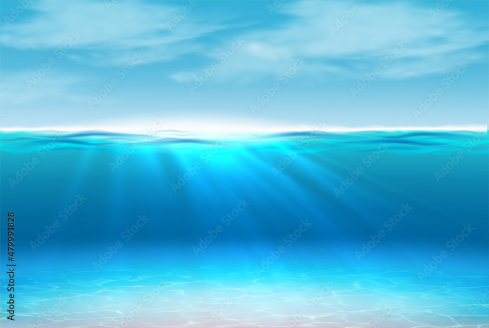 3d realistic background. Underwater ocean with sun rays. Sea side ...