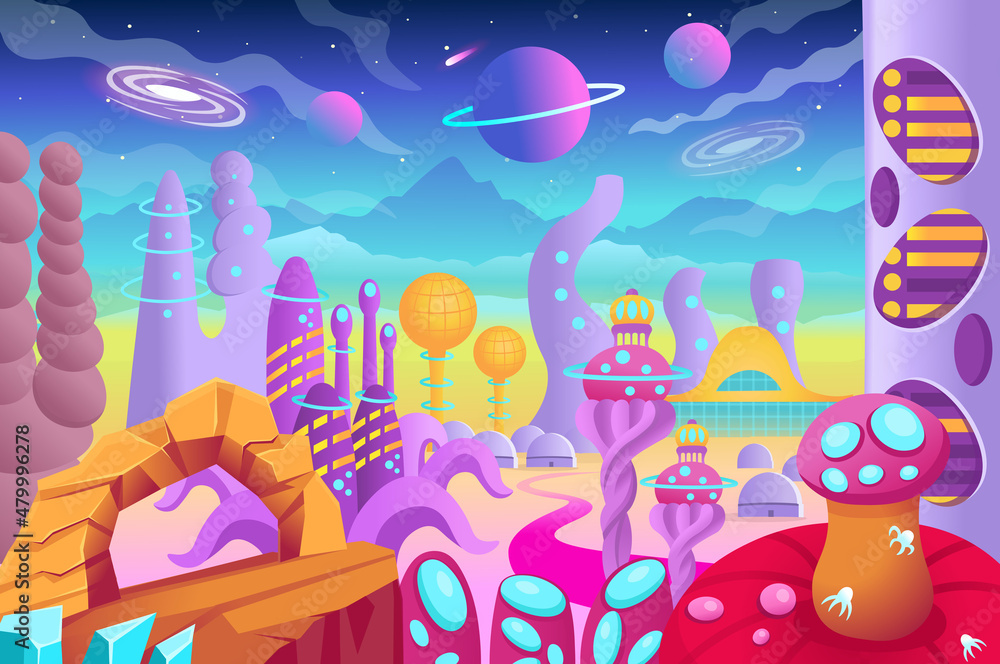 Landscape of alien planet with futuristic buildings of unusual shapes ...
