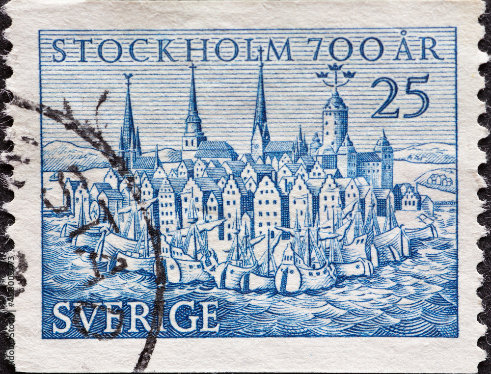 Sweden - circa 1953: a postage stamp from Sweden showing a townscape of ...