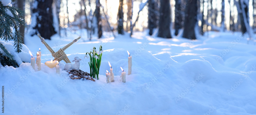 Wiccan altar for Imbolc sabbath, pagan holiday ritual. Brigid's cross ...