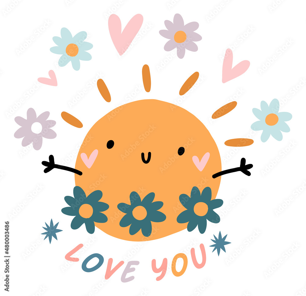 Love you emblem. Cute sun with arms wide open and flowers around Stock ...