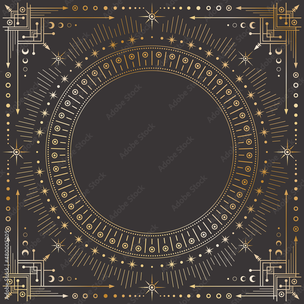 Vector mystic outline celestial square golden frame with stars, moon ...