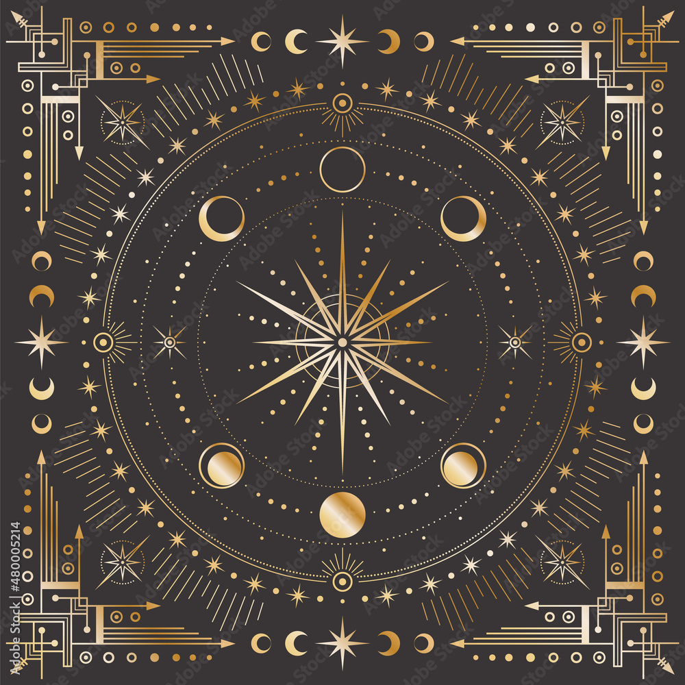 Vector golden celestial background with ornate geometric frame with ...