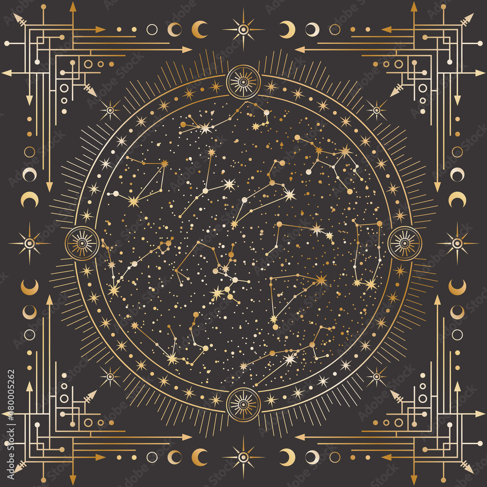Vector golden outline celestial background with ornate geometric frame ...