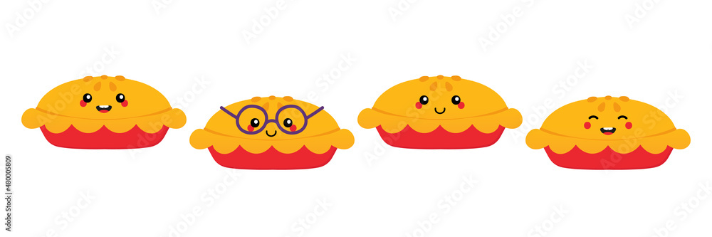 Set, collection of cute smiling cartoon style pies, sweet apple pie ...