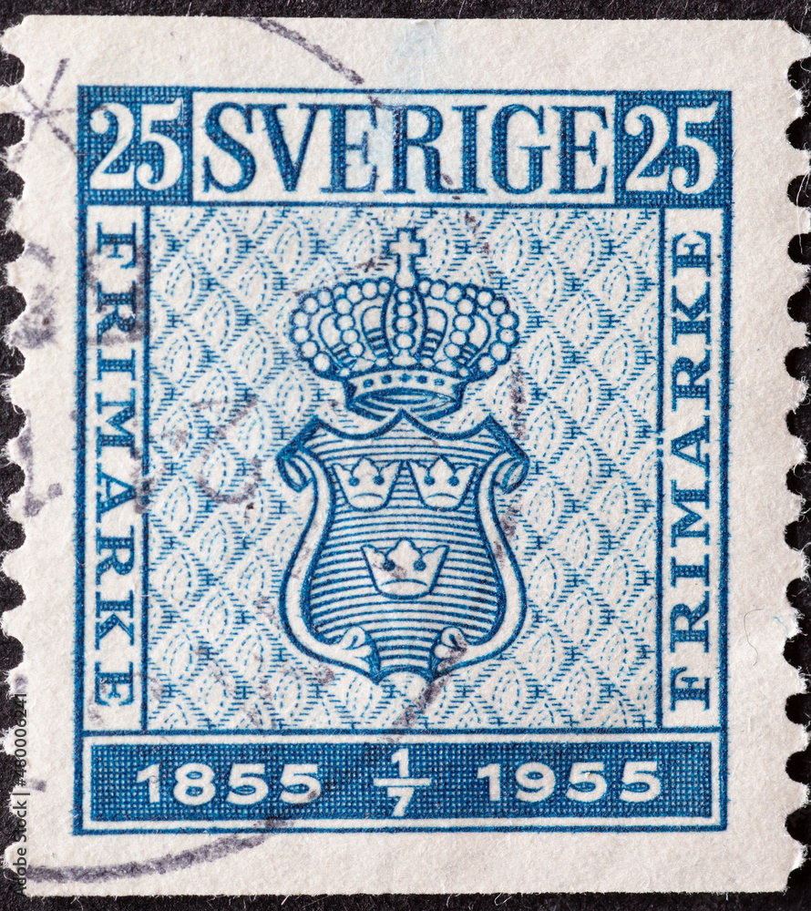 Sweden - circa 1955: a postage stamp from Sweden showing a coat of arms ...