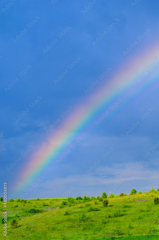 Very beautiful gentle spring photo. Rainbow on the field after rain ...