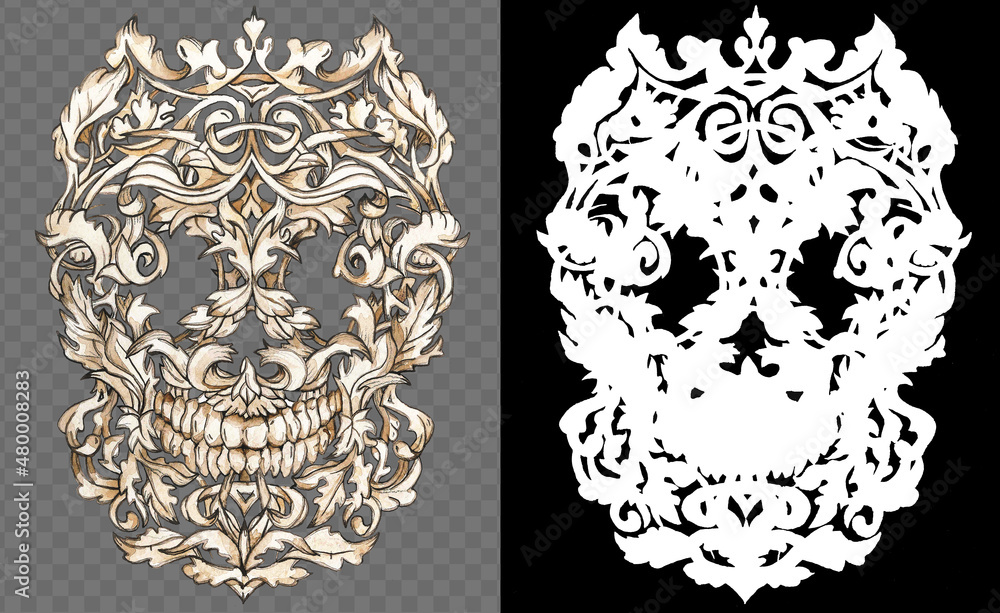 Detailed graphic human skull with ornament and bones. Gothic art on ...